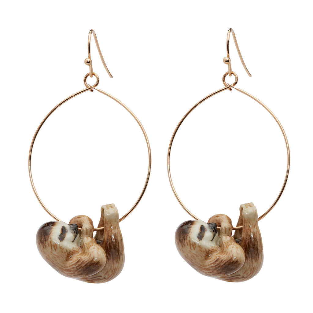 Hanging Sloth Hoop Drop Earrings And Mary